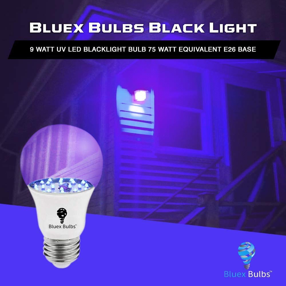 Bluex Bulbs 2 Pack LED Black Light Bulb, 9W A19 E26 Blacklight Bulb Level 385-400nm, Body Paint, Glow in The Dark LED Light Bulb Neon Glow Fluorescent Poster Black Bulb (2 Pack)