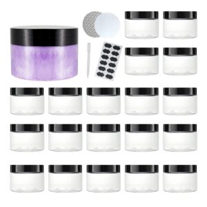 20 pack 4 oz clear plastic slime jars with lids, a spatula, a pen &labels - refillable low profile containers/storage favor jars/travel jars for cosmetic, body lotions, sugar scrubs by zmybcpack