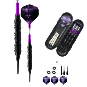 professional exquisite 20 gram soft tip darts carrying hard suitcase | 3 black coated iron barrels | 3 aluminum shaft, each recreation room, bar and game room level (purple)