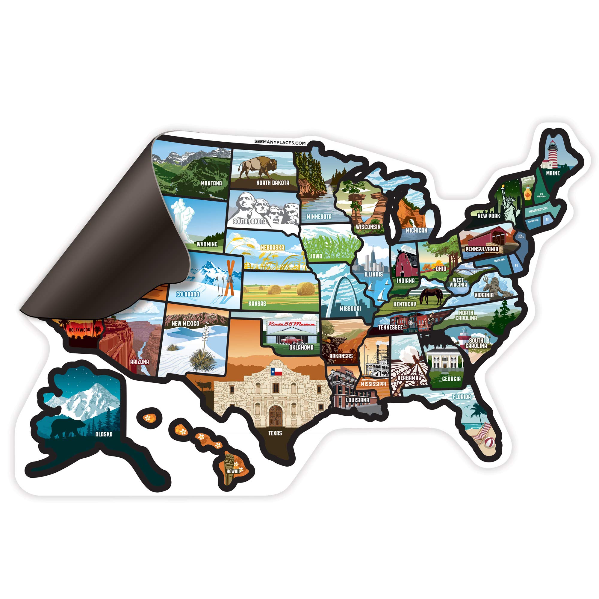 RV State Magnet Travel Map of The United States, Weather-Resistant Travel Camper Map RV Includes 50 State Decal Stickers with Scenic Illustrations 21" x 14.5" - See Many Places