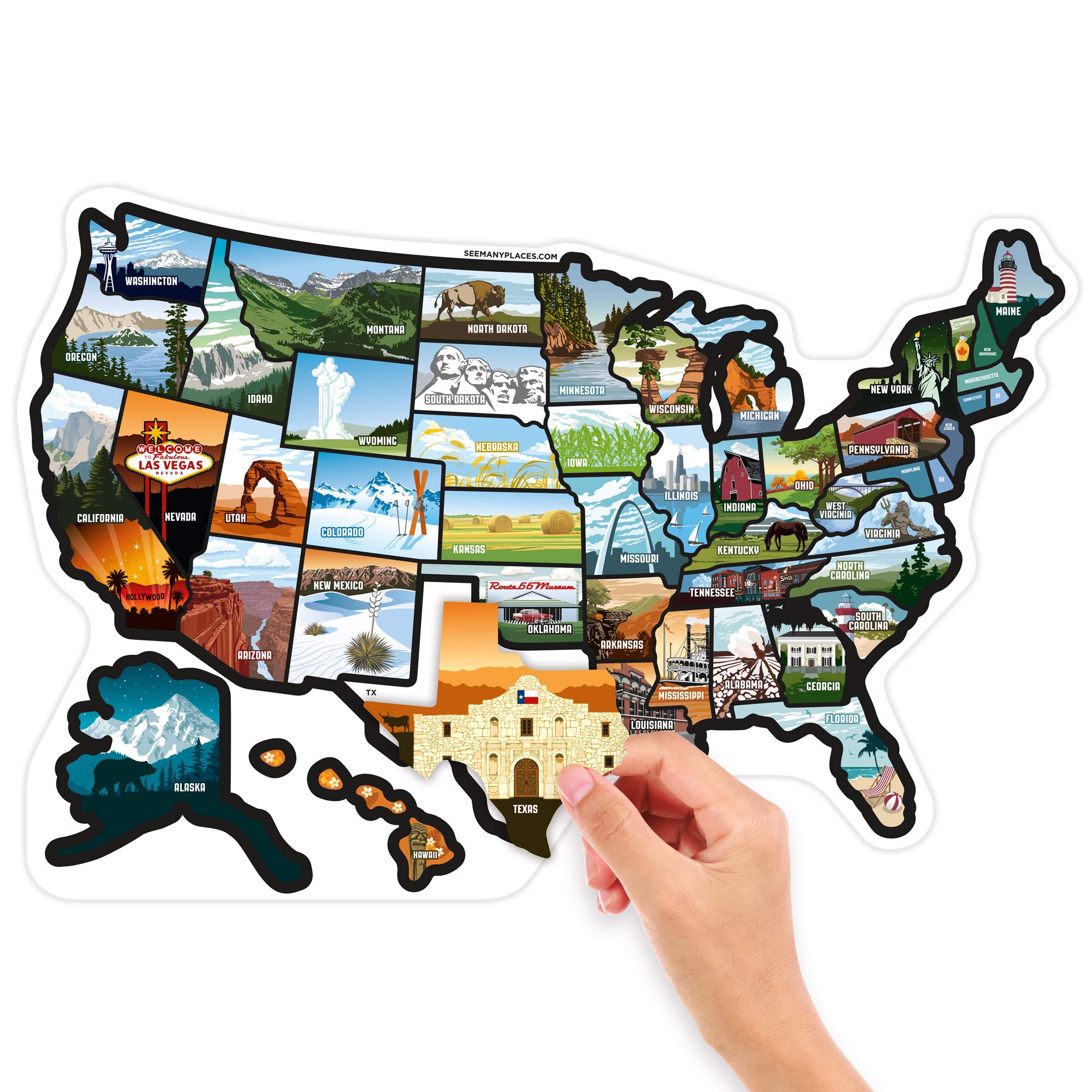 RV State Magnet Travel Map of The United States, Weather-Resistant Travel Camper Map RV Includes 50 State Decal Stickers with Scenic Illustrations 21" x 14.5" - See Many Places