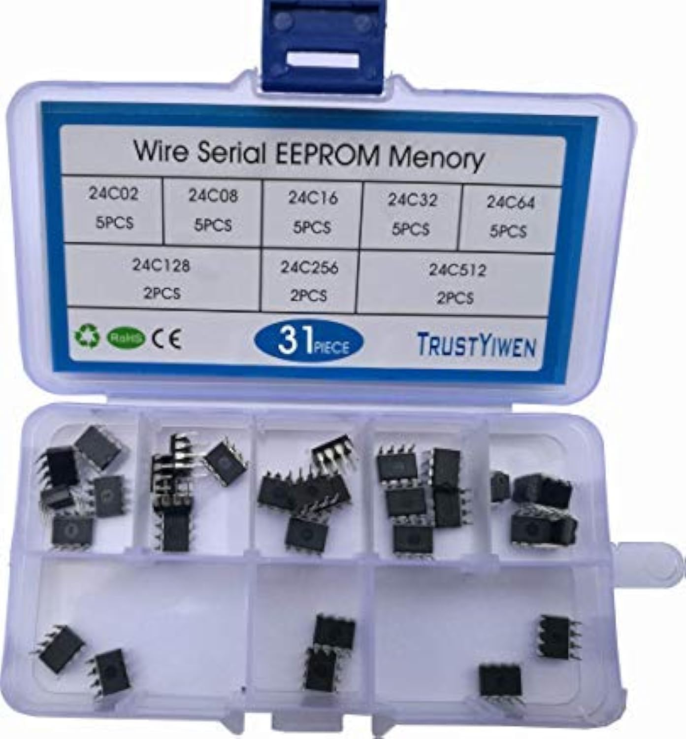 New 31pcs 24C02 24C08 24C16 24C32 24C64 24C128 24C256 24C512 DIP Wire Serial EEPROM Memory Include Box