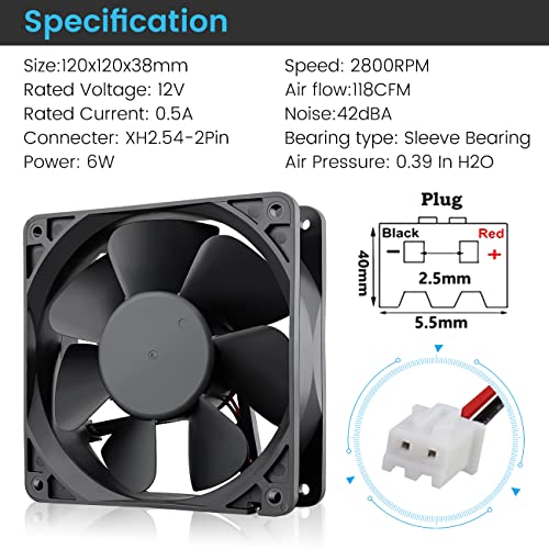 Wathai 2Pin 120mm x 38mm Brushless Cooling Case Fan 12V 2pin DC High Airflow Cooler Fan