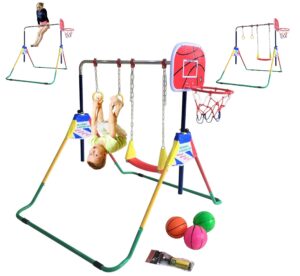 kids jungle gymnastics expandable junior 4 in 1 training monkey horizontal bars climbing tower child playset training pull up gym with swing, trapeze ring and basketball stand with 3 balls set.