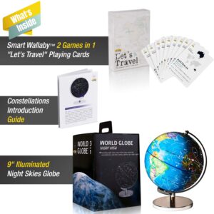 SMART WALLABY 9" Illuminated Educational Kids World Globe + STEM Flags & Countries Interactive Card Game. 3 in 1 Children Desktop Spinning Earth Political & Constellation Maps, LED Night Light Lamp