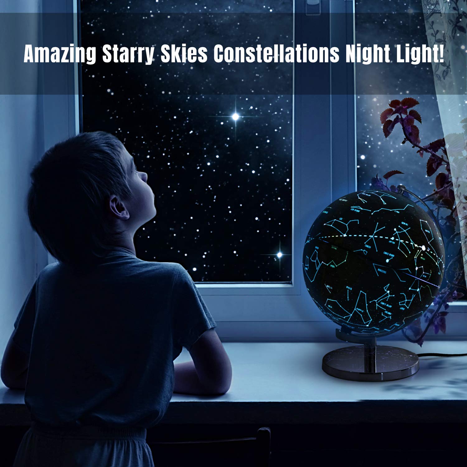 SMART WALLABY 9" Illuminated Educational Kids World Globe + STEM Flags & Countries Interactive Card Game. 3 in 1 Children Desktop Spinning Earth Political & Constellation Maps, LED Night Light Lamp