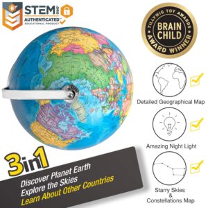 SMART WALLABY 9" Illuminated Educational Kids World Globe + STEM Flags & Countries Interactive Card Game. 3 in 1 Children Desktop Spinning Earth Political & Constellation Maps, LED Night Light Lamp