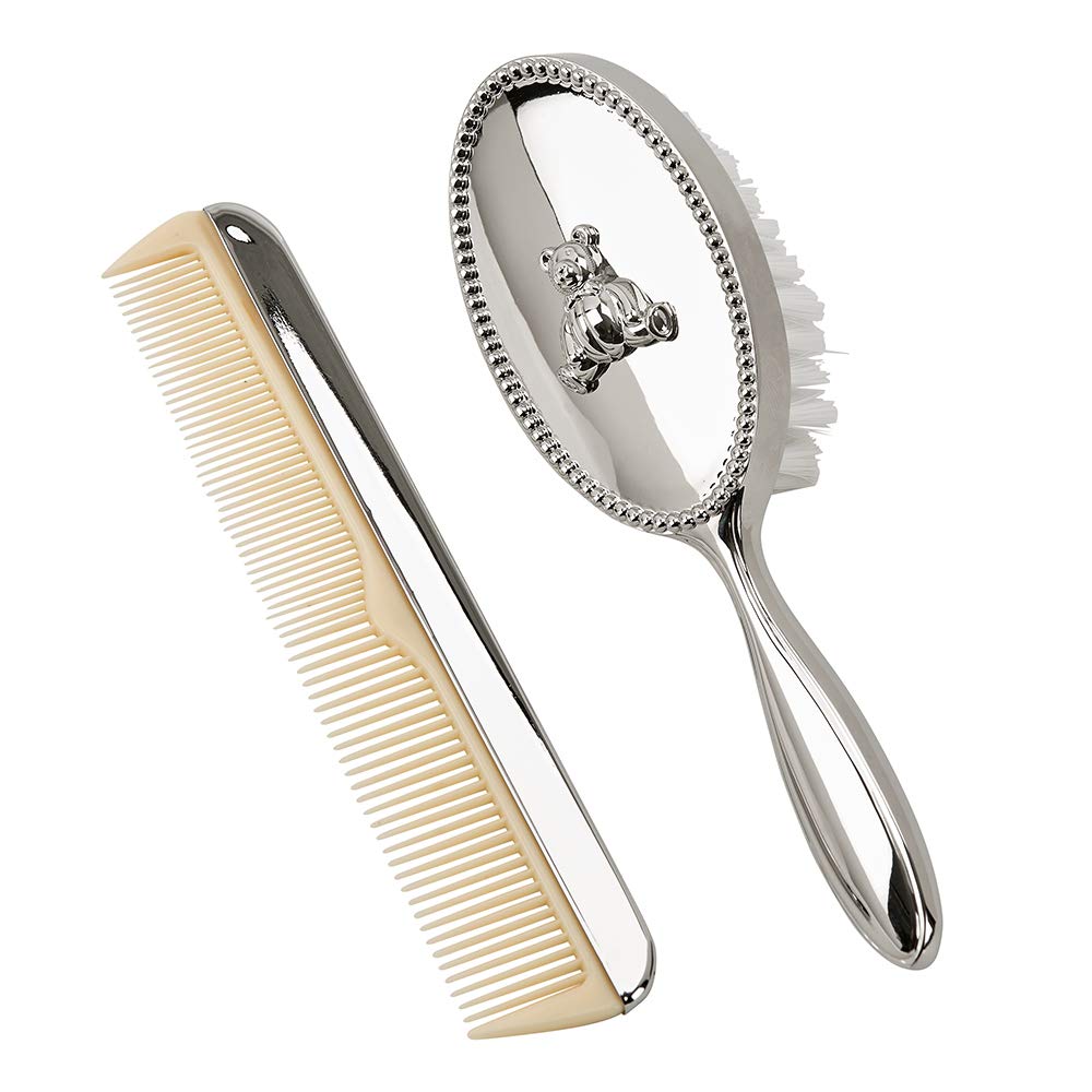 Teddy Bear Silver Tone 6 inch Nickel Plated Metal Brush and Comb Kit Set