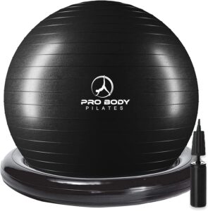 probody pilates ball yoga ball chair, exercise ball chair with base or stand for home office desk sitting or workout, 65cm antiburst balance ball & stability ball seat for back, abs (black)