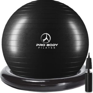 ProBody Pilates Ball Yoga Ball Chair, Exercise Ball Chair with Base or Stand for Home Office Desk Sitting or Workout, 65cm Antiburst Balance Ball & Stability Ball Seat for Back, abs (Black)