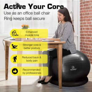 ProBody Pilates Ball Yoga Ball Chair, Exercise Ball Chair with Base or Stand for Home Office Desk Sitting or Workout, 65cm Antiburst Balance Ball & Stability Ball Seat for Back, abs (Black)