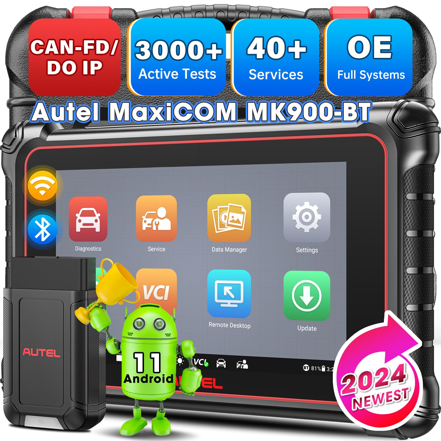 Autel MaxiCOM MK900-BT Scanner: 2024 Bidirectional Tool Up of MK900 MX900 MS906 MK808BT PRO MK808S MX808S MK808Z, DOIP CANFD, 40+ Services, 3K+ Active Tests, OE All Sys, FCA Renault SGW, BT506 Support