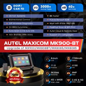 Autel MaxiCOM MK900-BT Scanner: 2024 Bidirectional Tool Up of MK900 MX900 MS906 MK808BT PRO MK808S MX808S MK808Z, DOIP CANFD, 40+ Services, 3K+ Active Tests, OE All Sys, FCA Renault SGW, BT506 Support