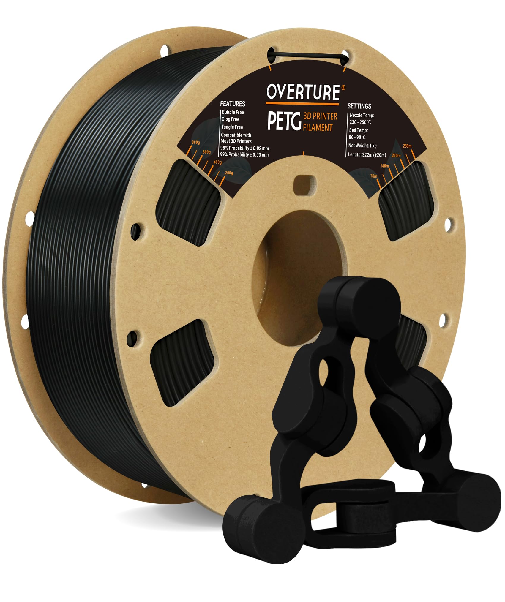 OVERTURE PETG Filament 1.75mm, 3D Printer Filament, 1kg Filament (2.2lbs), Dimensional Accuracy Probability +/- 0.02 mm, Fit Most FDM Printers (Black (1-Pack))