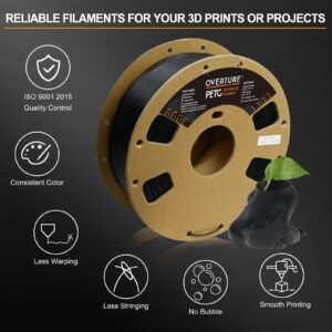 OVERTURE PETG Filament 1.75mm, 3D Printer Filament, 1kg Filament (2.2lbs), Dimensional Accuracy Probability +/- 0.02 mm, Fit Most FDM Printers (Black (1-Pack))