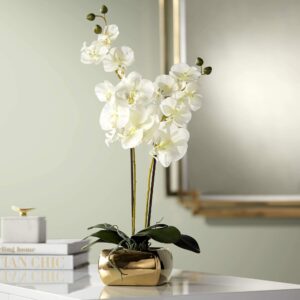 dahlia studios potted silk faux artificial flowers realistic white phalaenopsis orchid greenery in gold ceramic pot for home decoration living room office bedroom bathroom kitchen 22" high