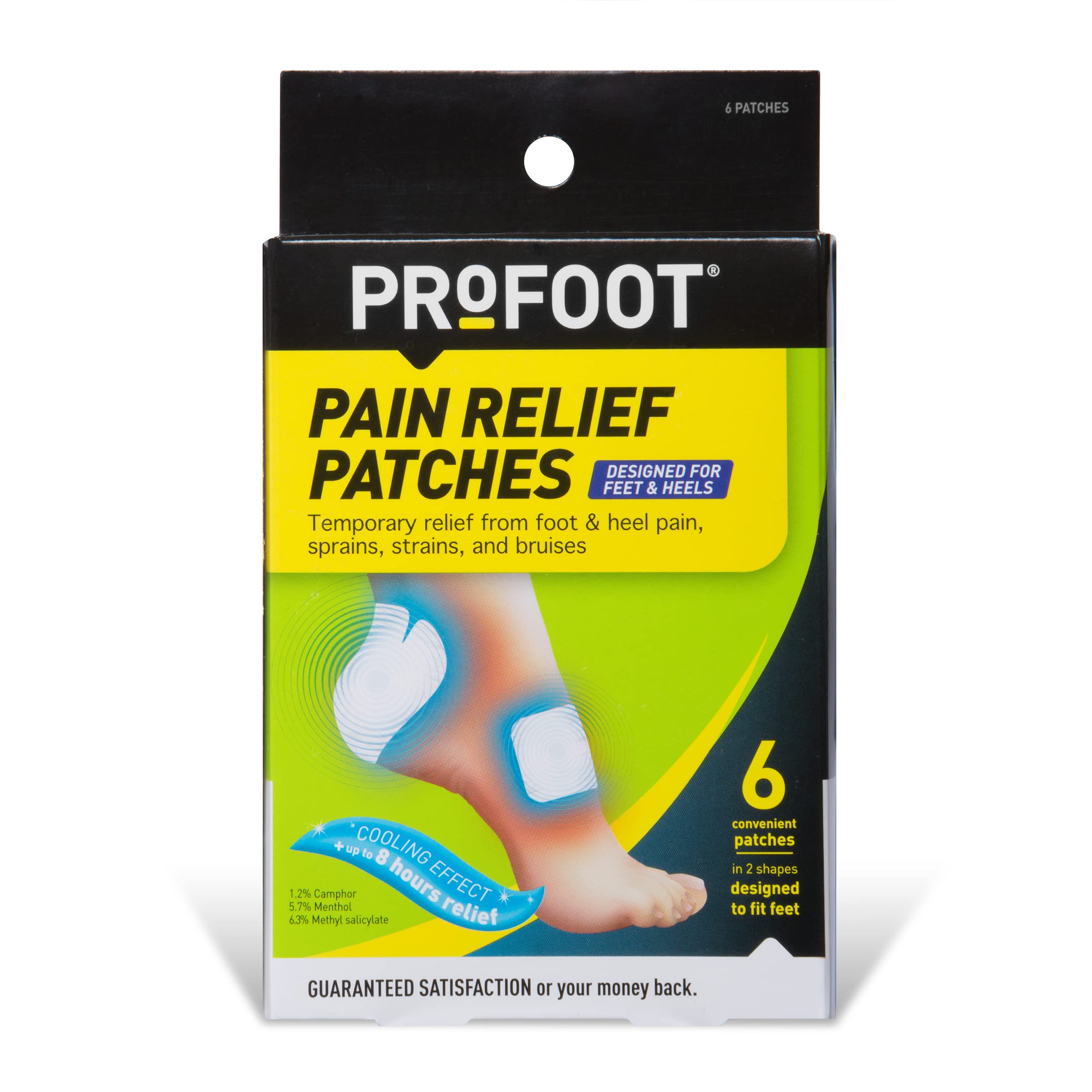 PROFOOT Pain Relief Patches for Foot & Heel Pain, Cooling Camphor & Menthol, Up to 8 Hours Relief from Sprains, Strains & Bruises, 2 Shapes Designed to Fit Feet, 6 Count