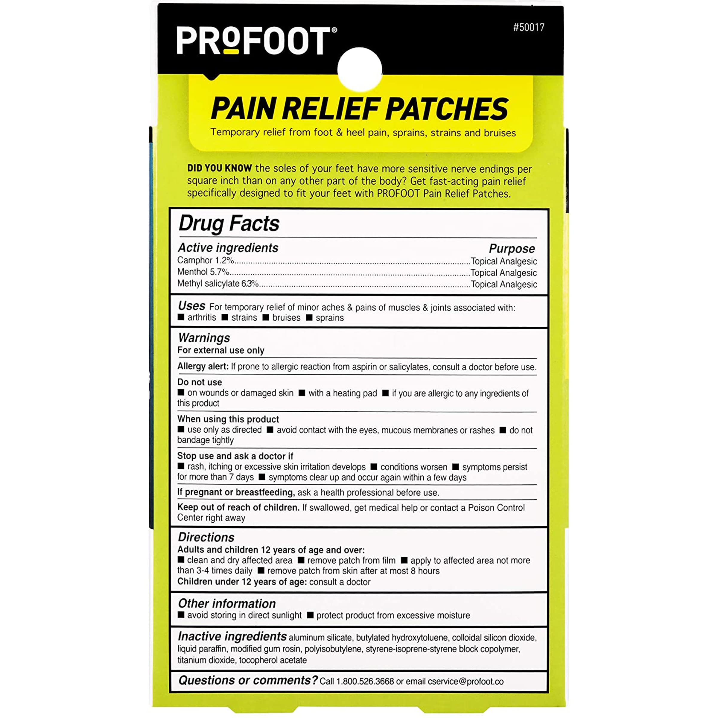 PROFOOT Pain Relief Patches for Foot & Heel Pain, Cooling Camphor & Menthol, Up to 8 Hours Relief from Sprains, Strains & Bruises, 2 Shapes Designed to Fit Feet, 6 Count