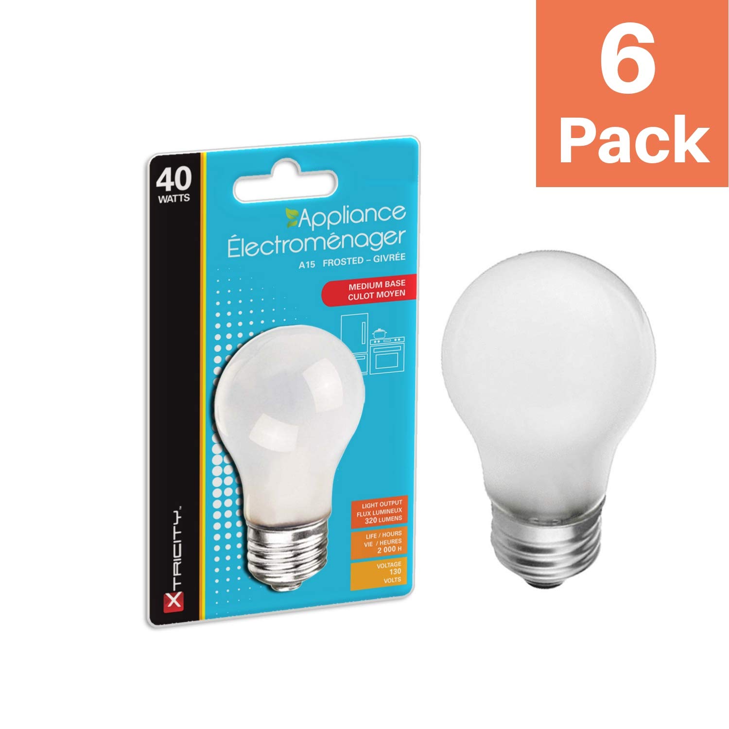 Xtricity Frosted A15 Incandescent Appliance Light Bulb, 40 Watt, 2700K Soft White, E26 Medium Base, 320 Lumens, 130V (6 Pack)