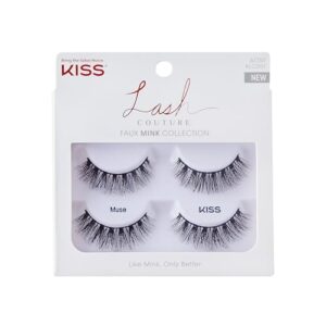 kiss lash couture, false eyelashes, muse', 14 mm, includes 2 pairs of lashes, contact lens friendly, easy to apply, reusable strip lashes, glue on lashes