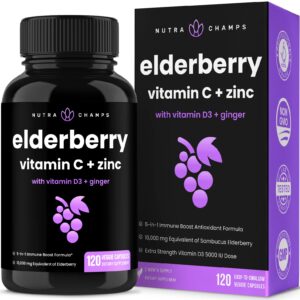 elderberry capsules | 10,000mg sambucus elderberry with zinc and vitamin c for adults + vitamin d3 5000 iu & ginger | 5-in-1 antioxidant immune support supplement | 120 elderberry extract capsules