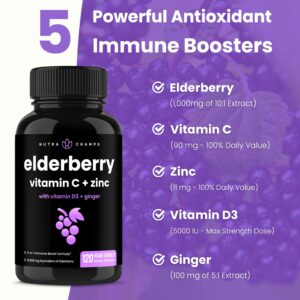 Elderberry Capsules | 10,000mg Sambucus Elderberry with Zinc and Vitamin C for Adults + Vitamin D3 5000 IU & Ginger | 5-in-1 Antioxidant Immune Support Supplement | 120 Elderberry Extract Capsules