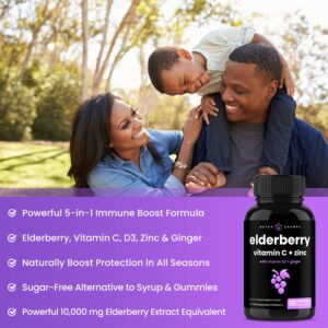 Elderberry Capsules | 10,000mg Sambucus Elderberry with Zinc and Vitamin C for Adults + Vitamin D3 5000 IU & Ginger | 5-in-1 Antioxidant Immune Support Supplement | 120 Elderberry Extract Capsules