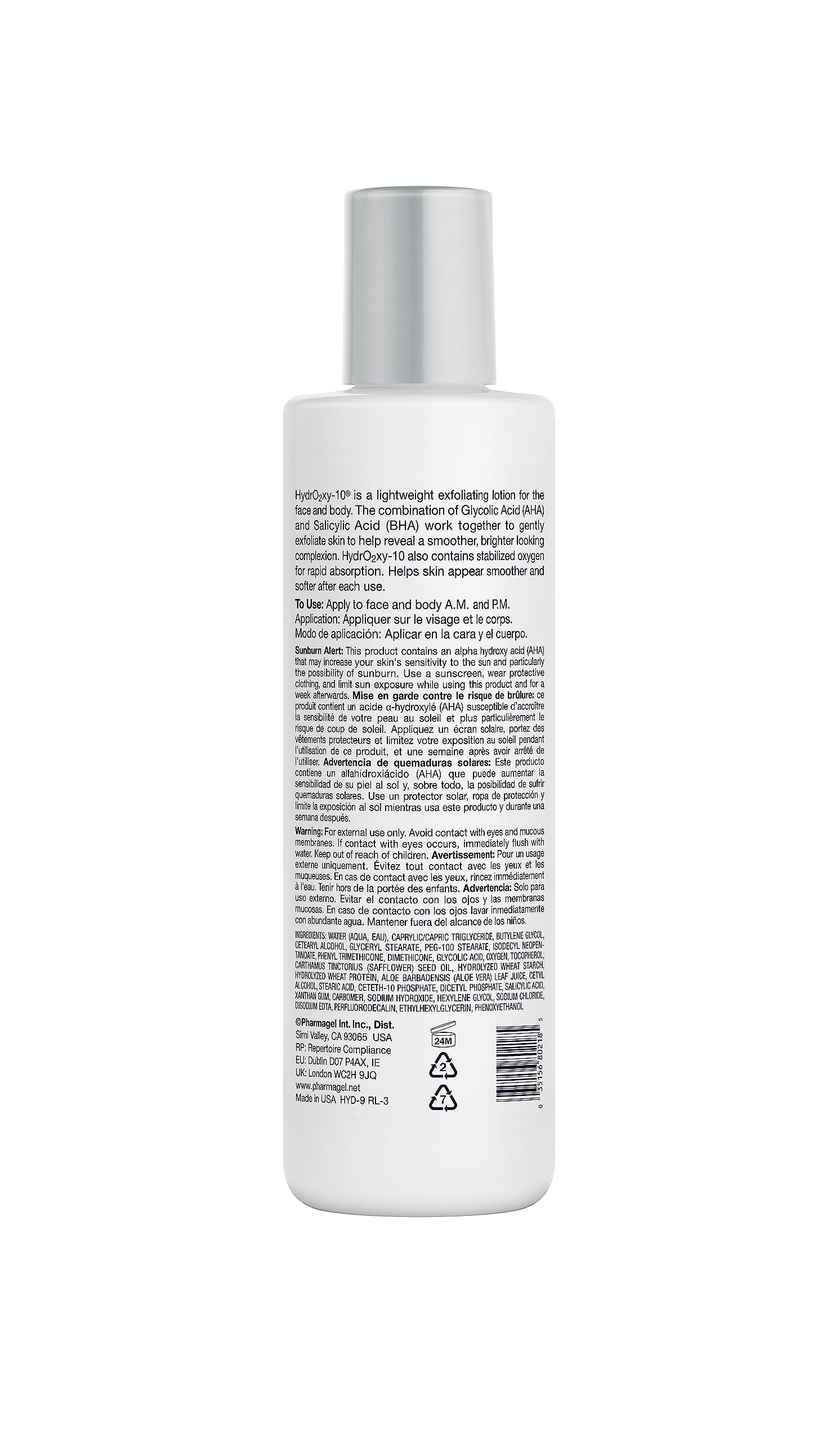 Pharmagel Hydro2 Xy 10 Lifting and Firming Concentrate Moisturizer | AHA and BHA Facial and Body Lotion | Rapid Absorption with Stabilized Oxygen - 8.5 fl. oz.