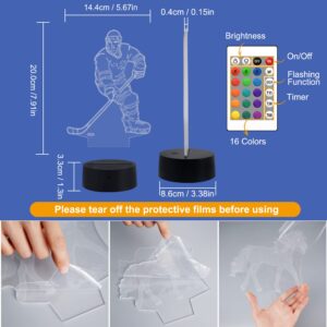 FULLOSUN 3D Night Lights Ice Hockey Athlete 3D Illusion Bedside Lamp 16 Colors Changing with Remote Control Best Birthday Gifts for Men Women