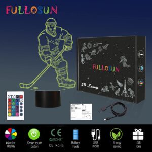 FULLOSUN 3D Night Lights Ice Hockey Athlete 3D Illusion Bedside Lamp 16 Colors Changing with Remote Control Best Birthday Gifts for Men Women