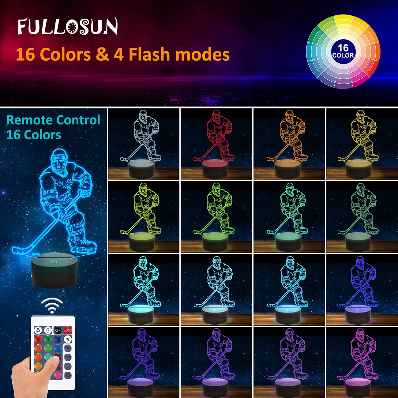 FULLOSUN 3D Night Lights Ice Hockey Athlete 3D Illusion Bedside Lamp 16 Colors Changing with Remote Control Best Birthday Gifts for Men Women