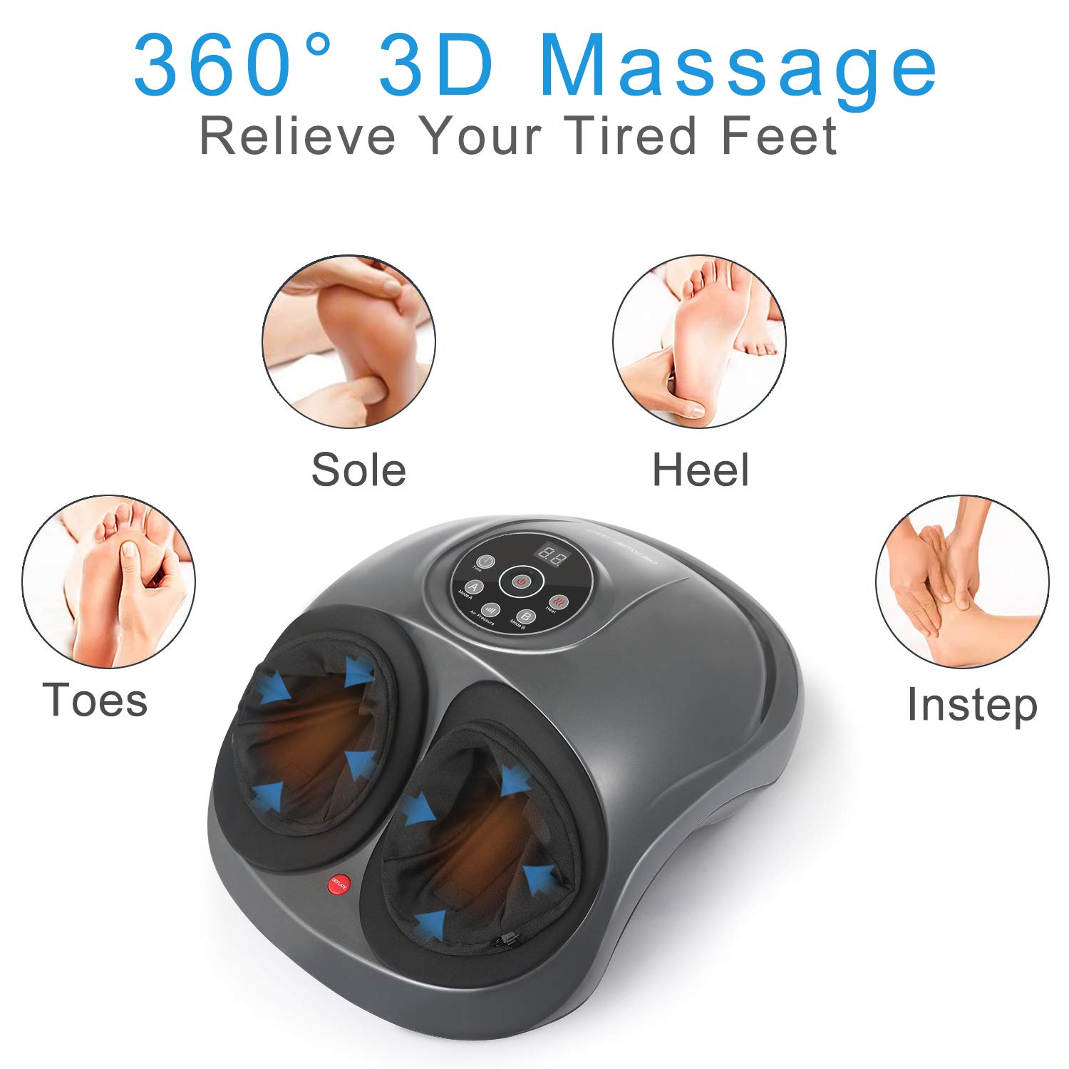 CINCOM Foot Massager with Heat & Air Compression for Foot Deep Shiatsu Kneading Massage with 3 Intensities 2 Modes Auto-Off Timer for Relax