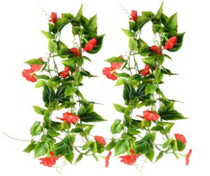 airsun artificial morning glory flower vines, 2pcs 15feet hanging plants silk garland fake green plant home garden wall fence indoor outdoor wedding birthday decor (red)