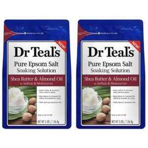 dr. teal's epsom salt shea butter almond oil bath soaking solution with essential oils - pack of 2, 3 lb resealable bags - soften and moisturize your skin, relieve stress and sore muscles