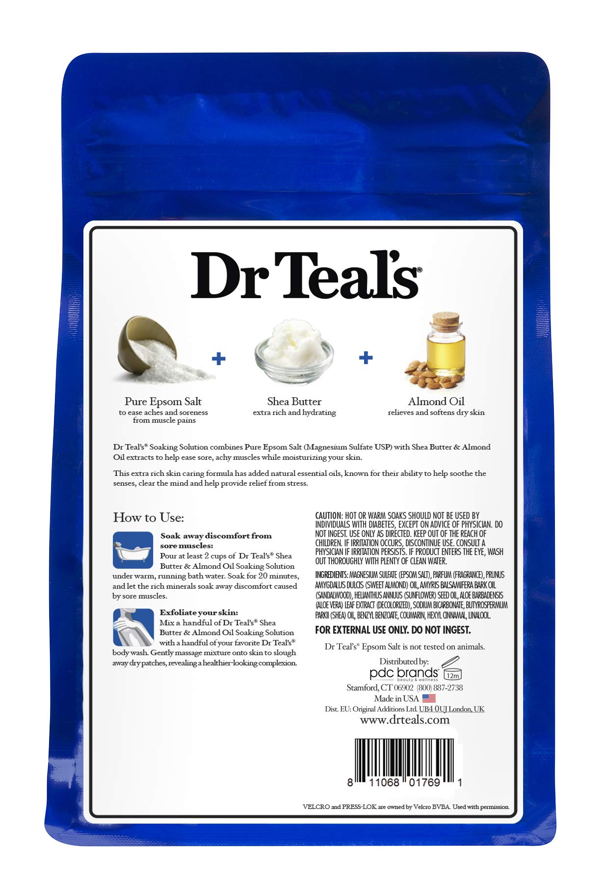 Dr. Teal's Epsom Salt Shea Butter Almond Oil Bath Soaking Solution with Essential Oils - Pack of 2, 3 lb Resealable Bags - Soften and Moisturize Your Skin, Relieve Stress and Sore Muscles