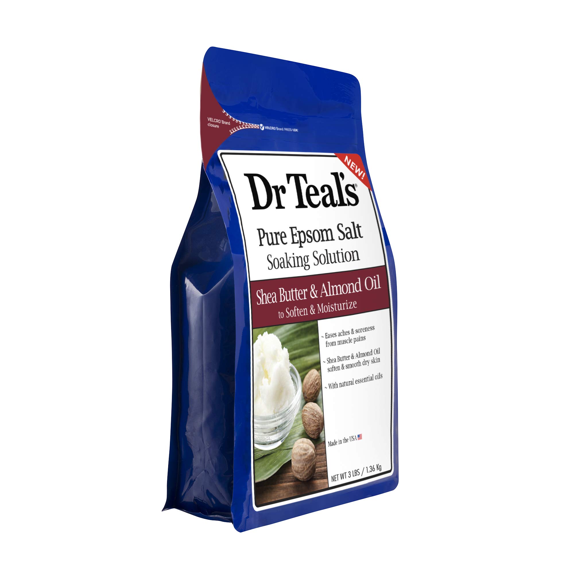 Dr. Teal's Epsom Salt Shea Butter Almond Oil Bath Soaking Solution with Essential Oils - Pack of 2, 3 lb Resealable Bags - Soften and Moisturize Your Skin, Relieve Stress and Sore Muscles