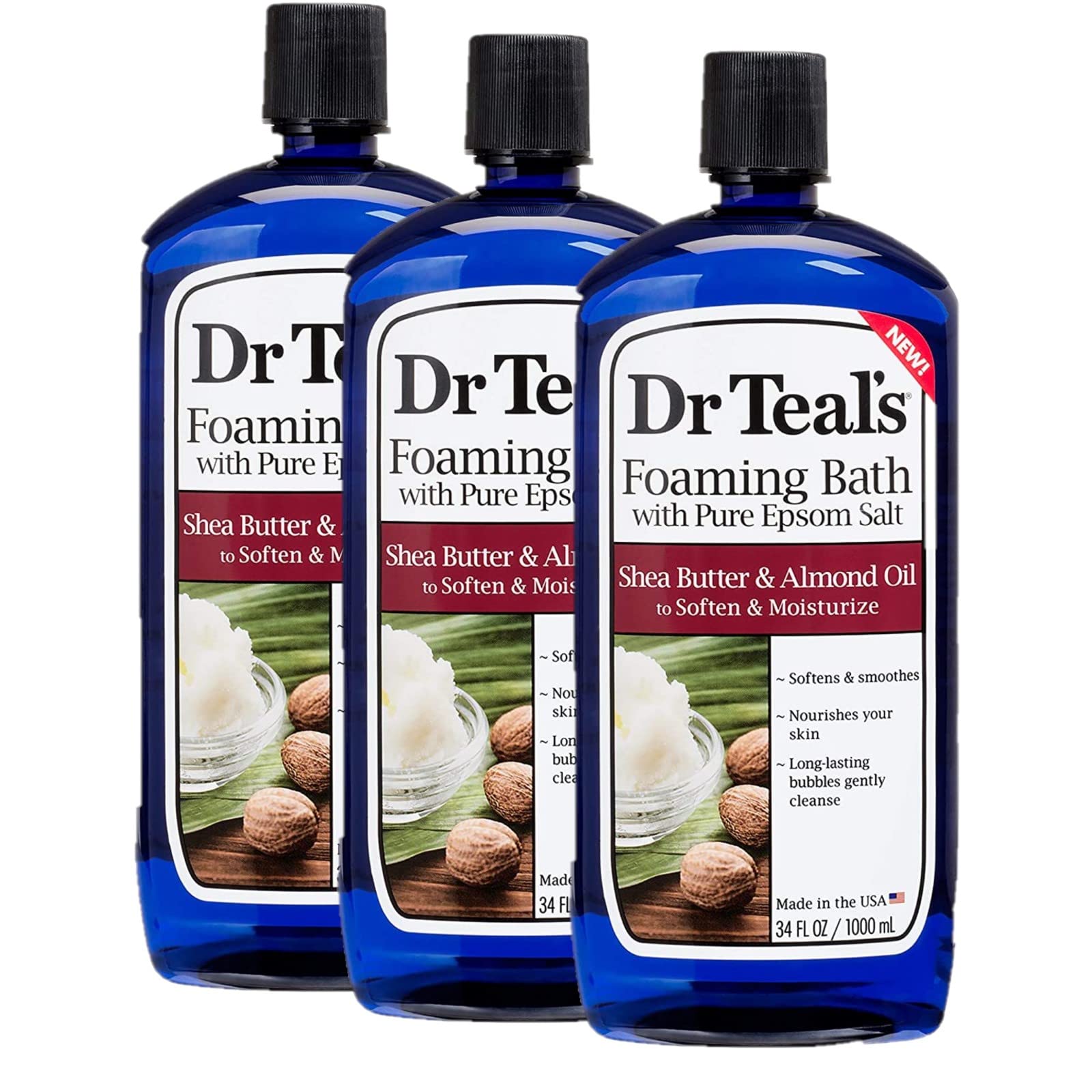 Dr. Teal's Shea Butter & Almond Oil Pure Epsom Salt Foaming Bath Gift Set (3 Pack, 34 oz ea.) - Long Lasting Bubbles Soften & Moisturize Dry Skin - Transform Any Bath into a Relaxing at Home Spa