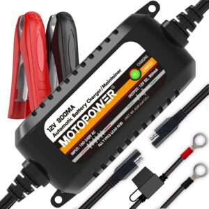 motopower mp00205c 12v 800ma automatic battery charger, battery maintainer, trickle charger, and battery desulfator