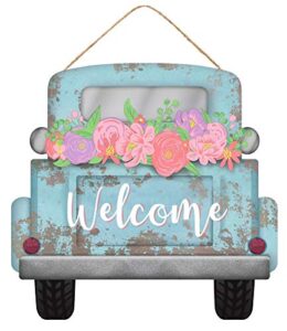 easter welcome vintage truck sign - 12" x 11.5", spring flowers, holiday wreath, front door decor, home, kitchen, patio, school classroom decoration