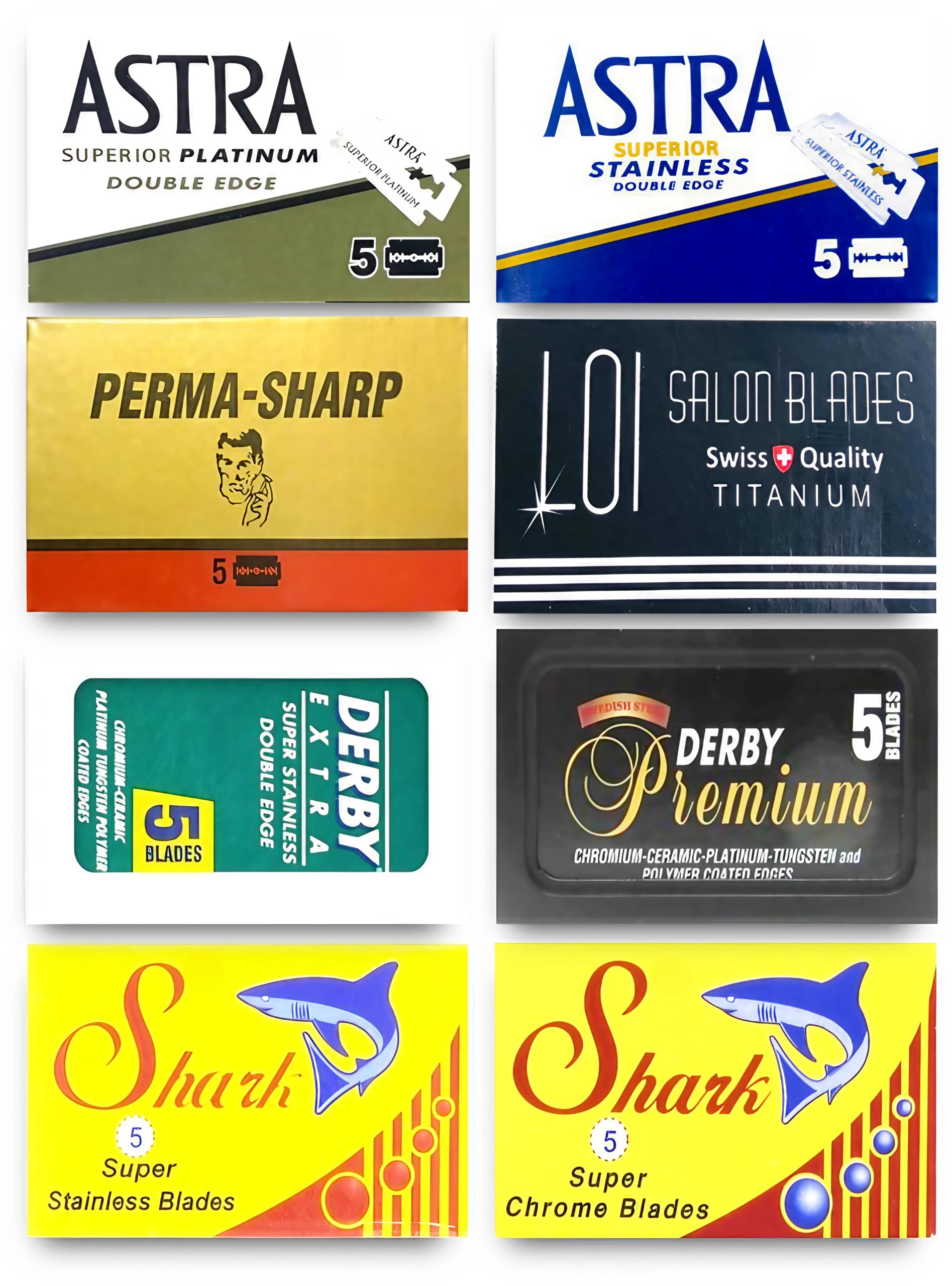 Astra-Derby-Shark-Permasharp Double Edge Razor Blades Sampler (40 blades, 8 different brands)