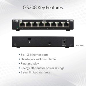 NETGEAR 8-Port Gigabit Ethernet Unmanaged Switch (GS308) - Home Network Hub, Office Ethernet Splitter, Plug-and-Play, Silent Operation, Desktop or Wall Mount