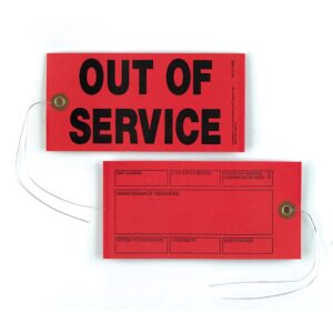 out of service tags 50-pk. - 6.25" x 3.125", red, synthetic, 12" tag wires attached