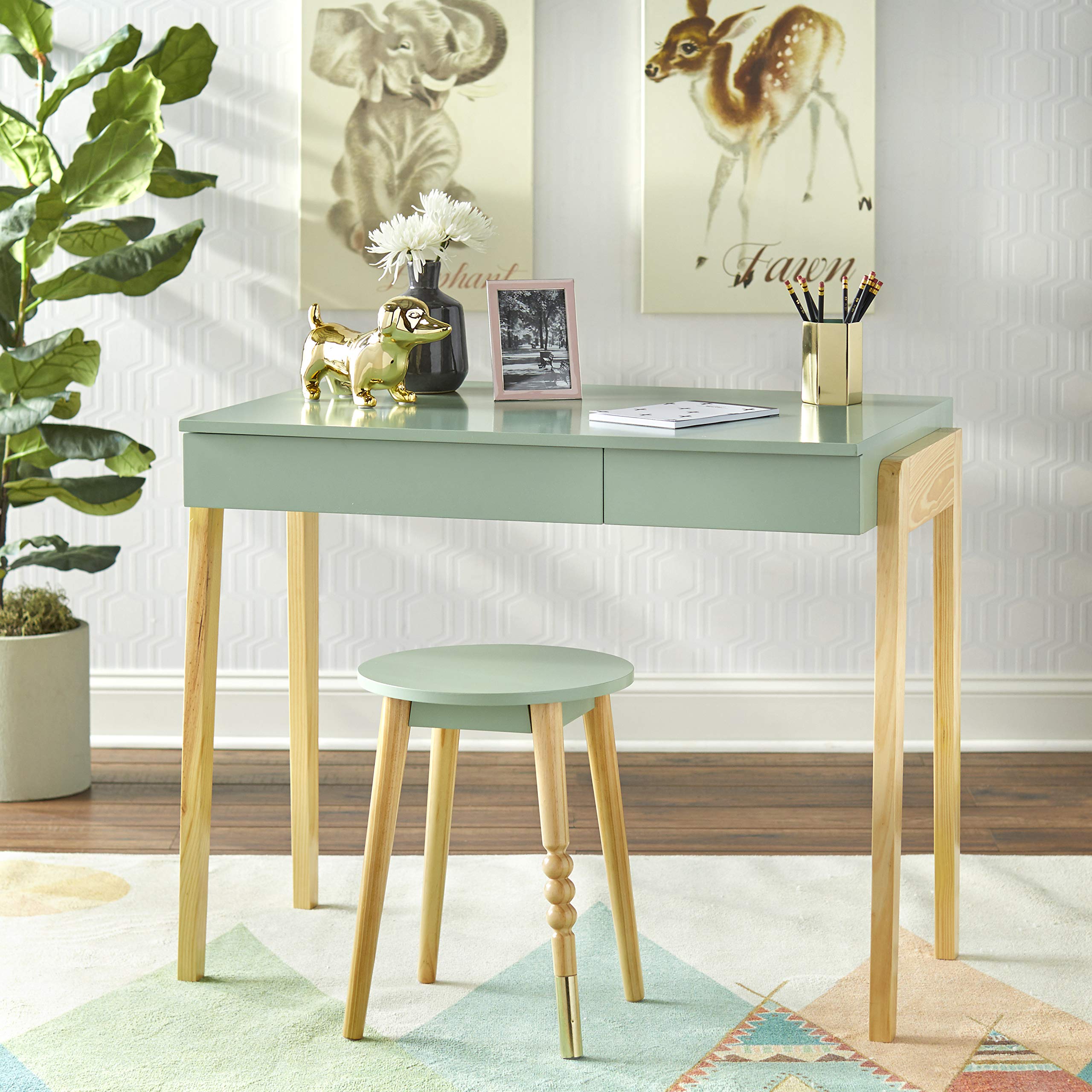 The Mezzanine Shoppe Riley Modern Two Tone Home Office Desk and Stool Set, 2 Piece, Mint