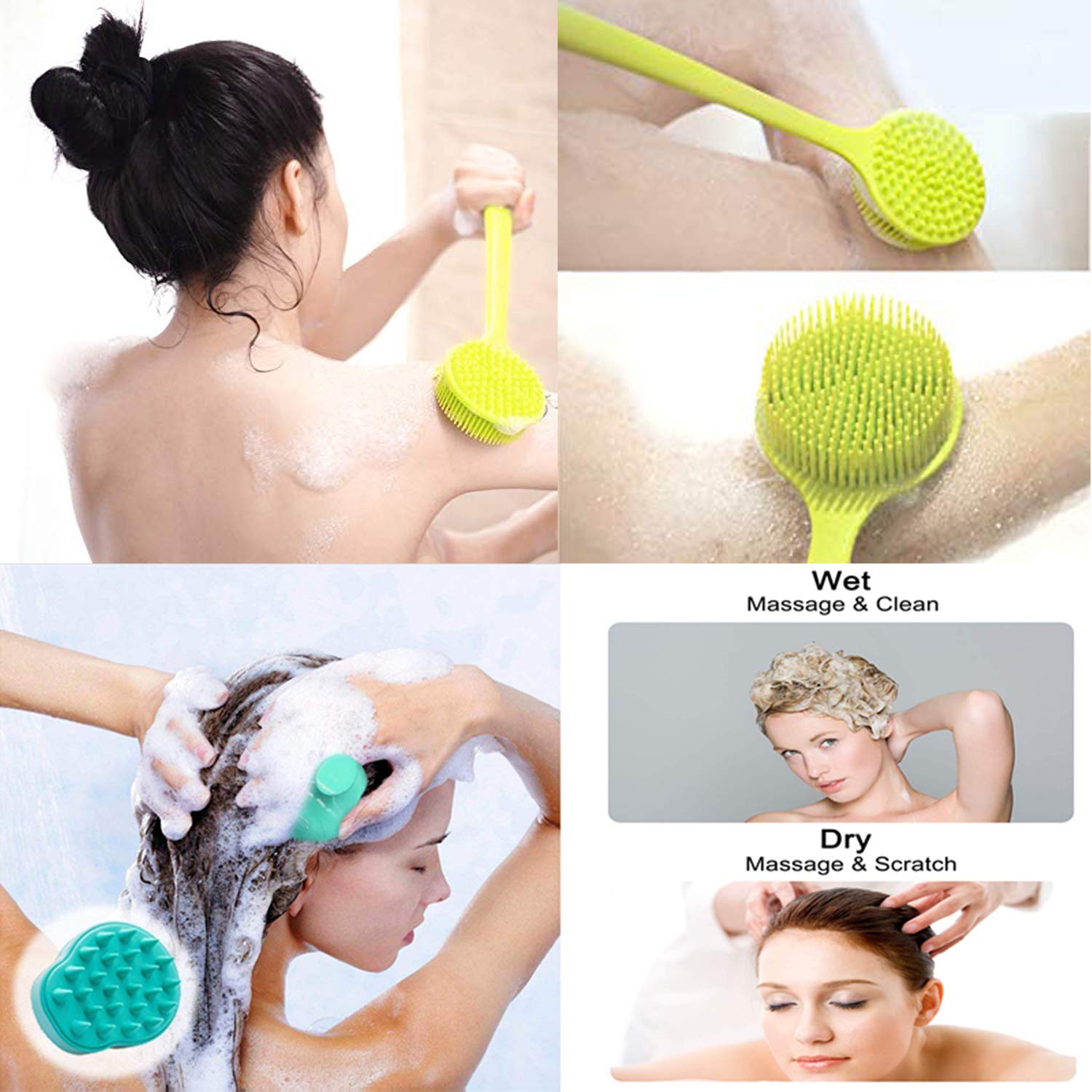 Cinlitek Silicone Body Scrubber & Scalp Massager, Long Handle Back Scrubber for Shower Brush,Exfoliating Body Scrubber, Shower Scrubber for Body Brush, Hair Dandruff Shampoo Brush for Men,Women&Kids