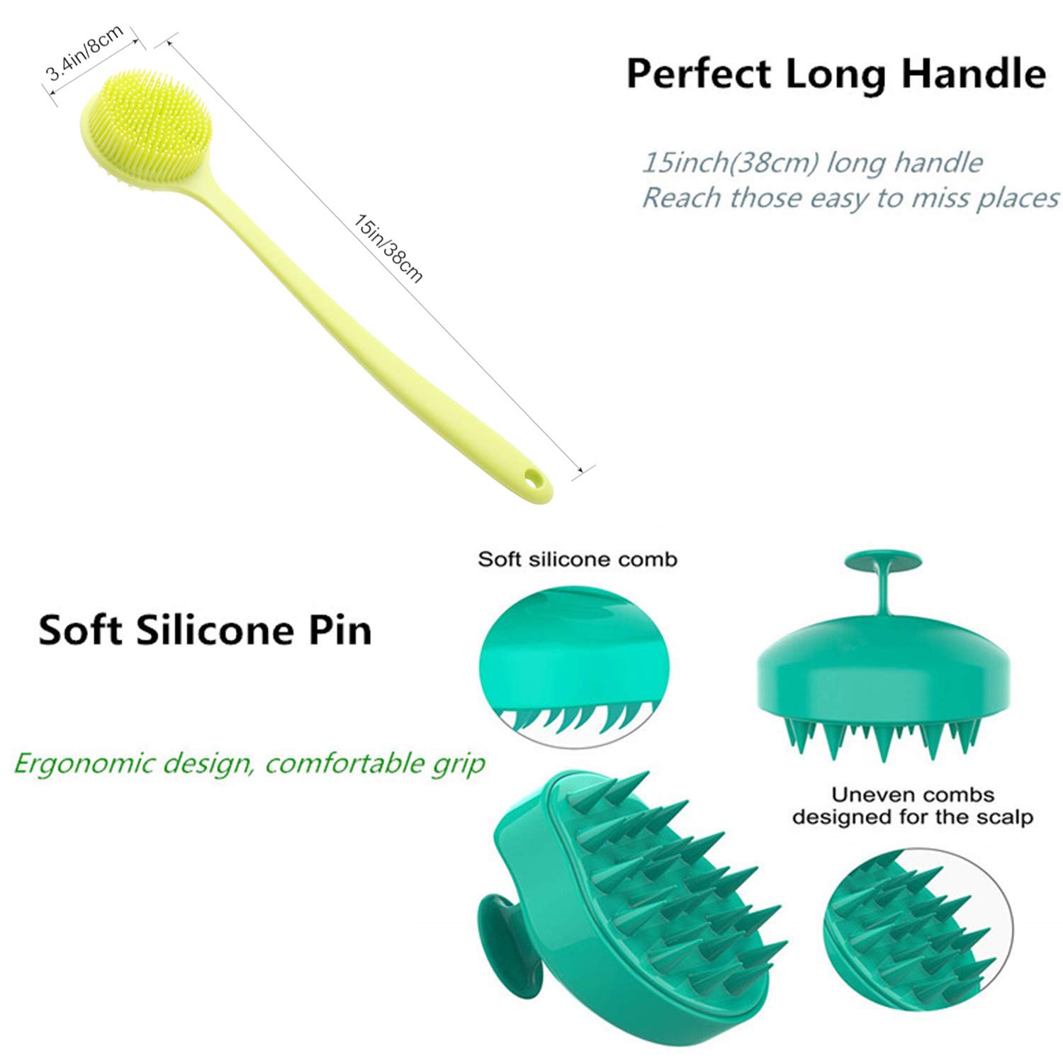 Cinlitek Silicone Body Scrubber & Scalp Massager, Long Handle Back Scrubber for Shower Brush,Exfoliating Body Scrubber, Shower Scrubber for Body Brush, Hair Dandruff Shampoo Brush for Men,Women&Kids