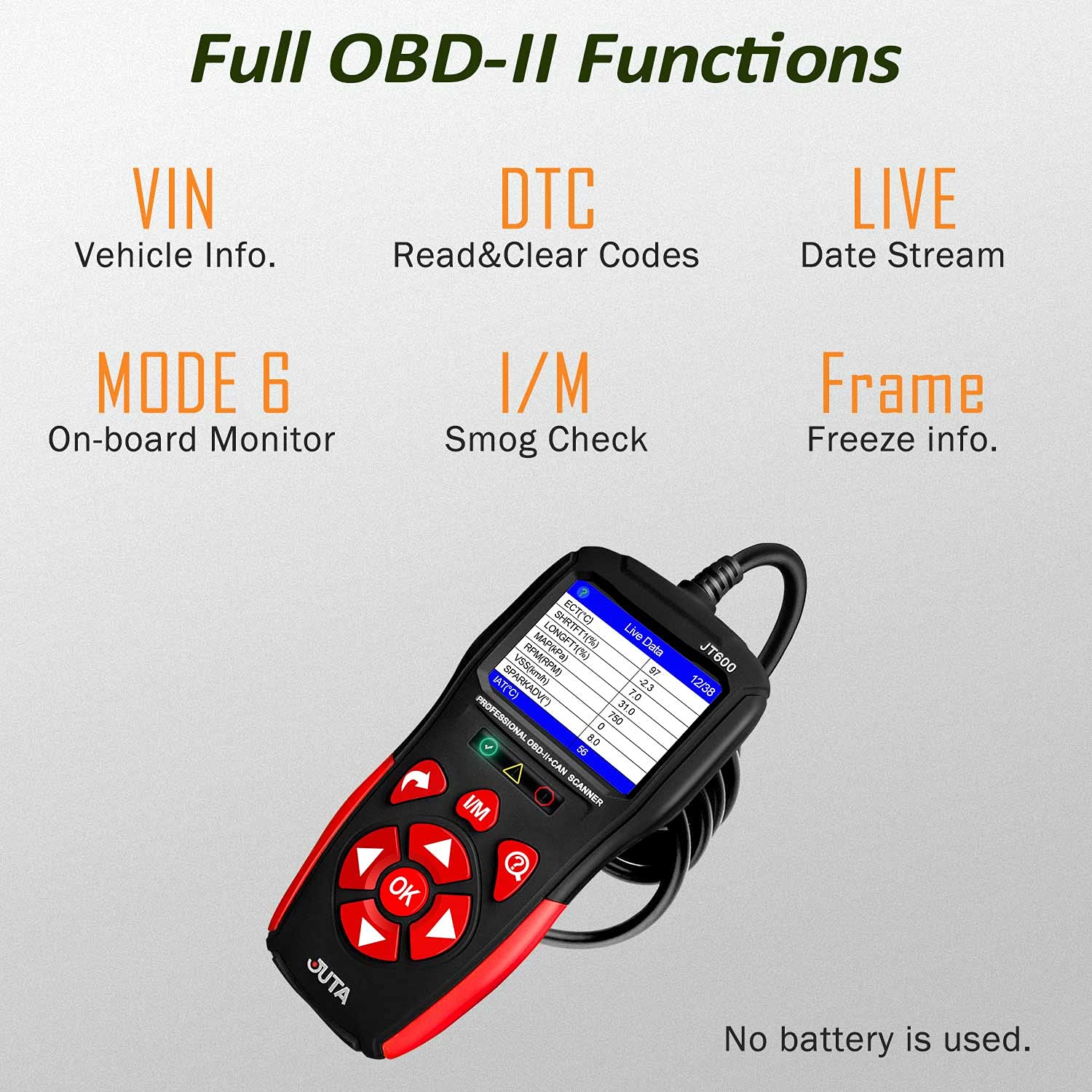 JUTA JT600 Car OBD2 Scanner Code Reader, Graphing Battery Test, Check Engine Diagnostic Scan Tool for All OBDII Vehicle After 1996