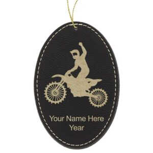 lasergram faux leather christmas ornament, motocross, personalized engraving included (black with gold, oval)