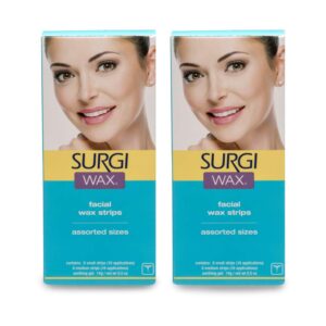 surgi facial wax strips, 2 sizes for unwanted facial hair removal, 2 pack