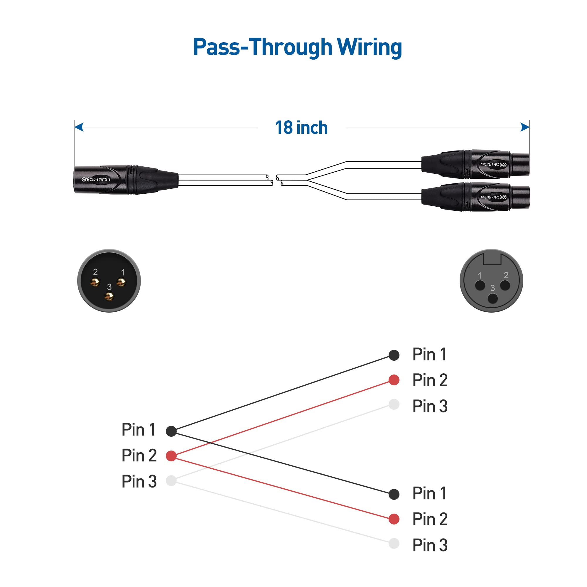 Cable Matters Balanced XLR Splitter Cable - 1.5ft / 0.5m, Male to 2 Female XLR Y Cable (XLR Splitter 1 Male to 2 Female)