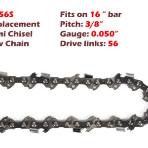 2PCS/PACK Reliable Replacement SC-S56 16-Inch Semi Chisel Saw Chain, Pitch: 3/8", gauge: .050", drive link count: 56, Compatible for Echo, Homelite, Poulan, Remington, Greenworks and more